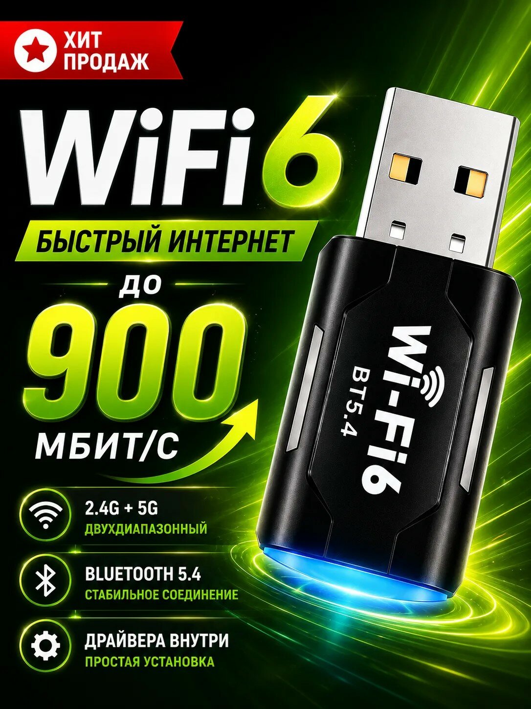 Wifi адаптер для компьютера USB 5 ГГц + блютуз адаптер для пк, 2 в 1 bluetooth
