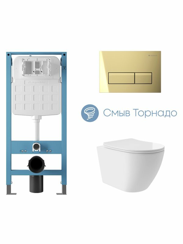 Комплект 4 в 1 Aqueduto Ovo Plus AQDS255T безободковый, с микролифтом, RETANGULO Novo кнопка смыва шлифованное золото