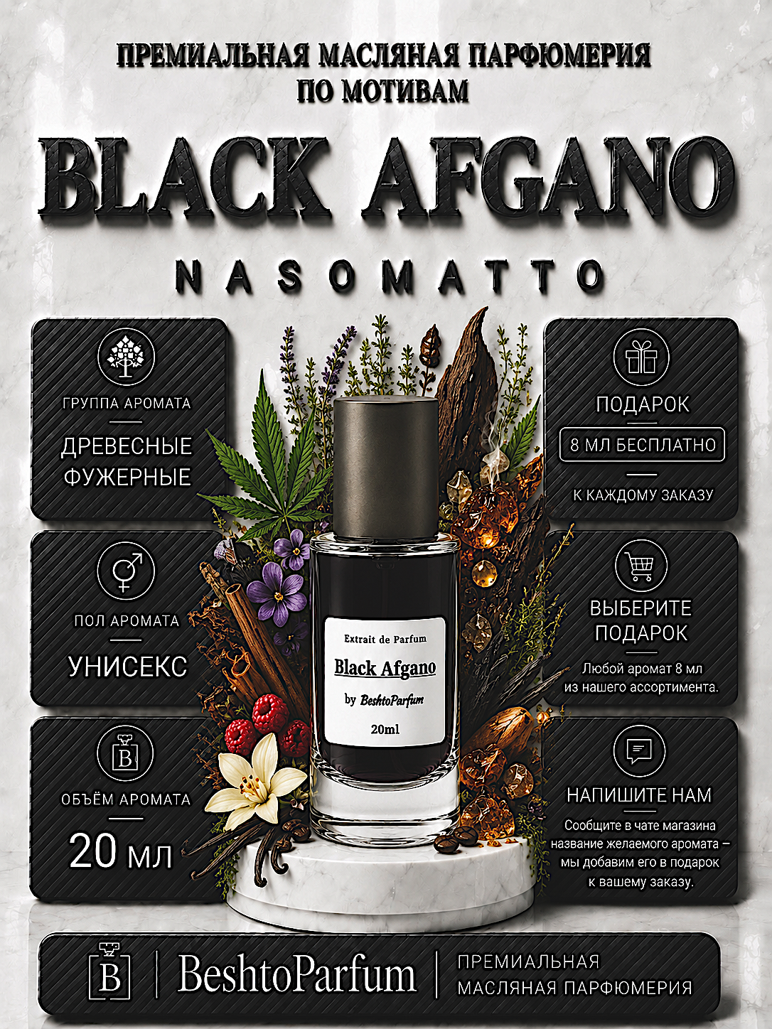 Масляные духи по мотивам Nasomatto Black Afgano — унисекс нишевый аромат, восточно-древесный / 20 мл