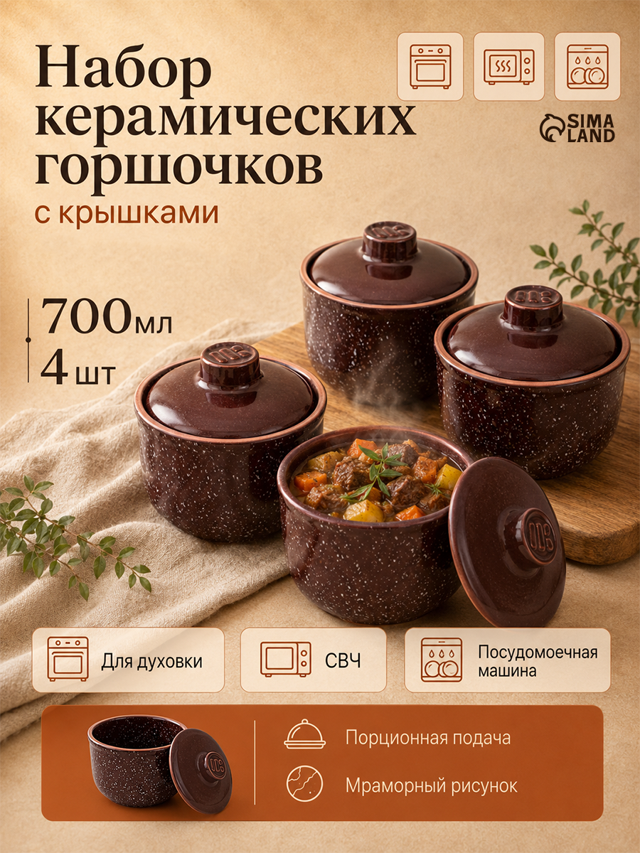 Горшочки для запекания Ломоносовская керамика «Мрамор», набор 4 шт, 700 мл, коричневый