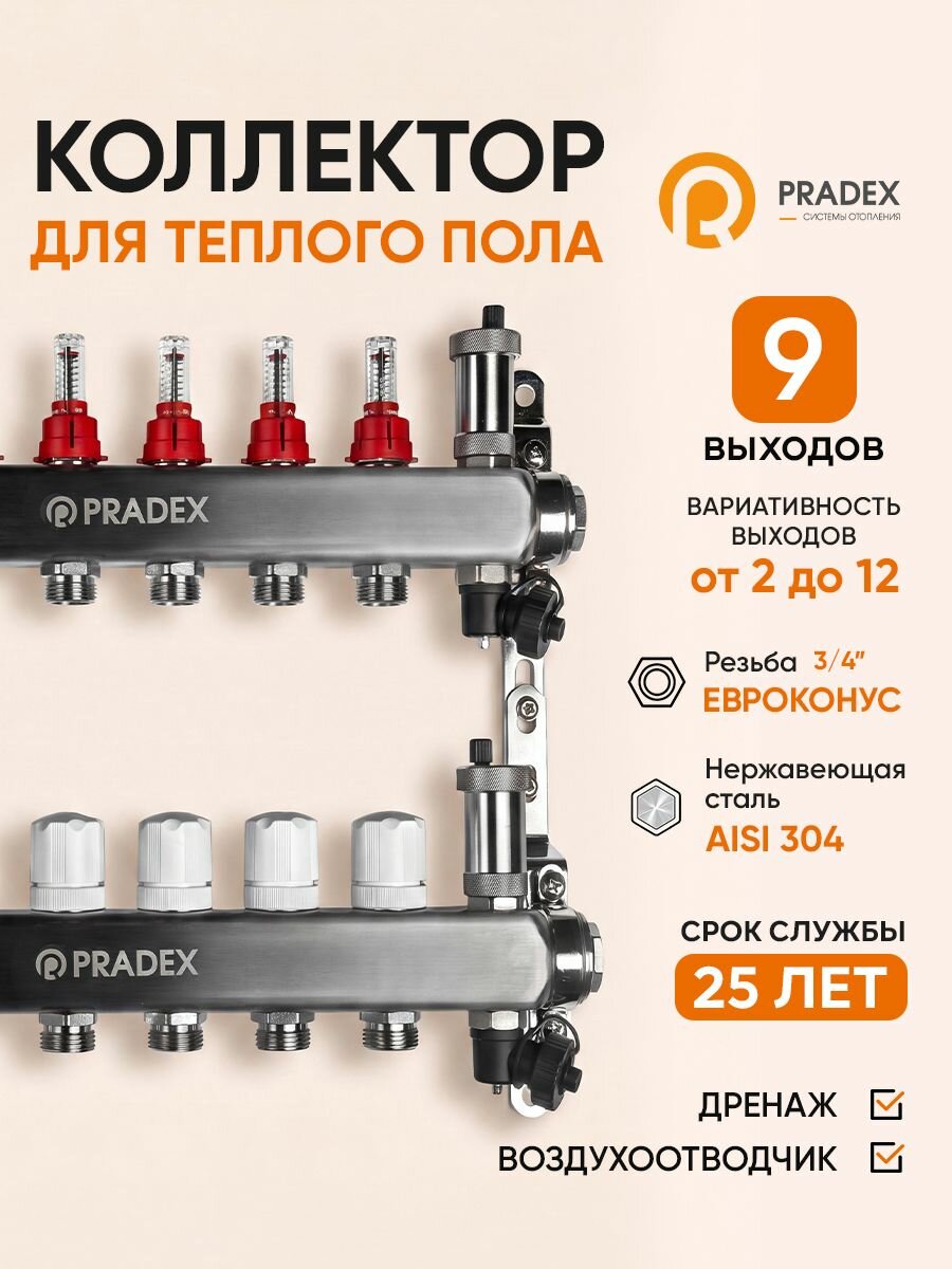 Коллекторный блок PRADEX (коллектор) из нержавеющей стали для теплого пола 1" х 9 выходов 3/4"с регулирующими клапанами и расходомерами, с дренажем и воздухоотводчиком (D1Air).