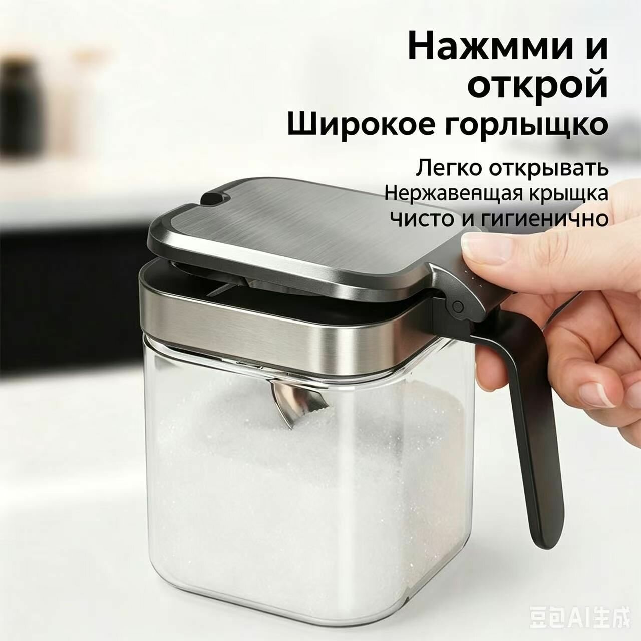 Набор из 4 банок для специй из утолщенного стекла, герметичные крышки с ложкой, кухонная подставка для приправ