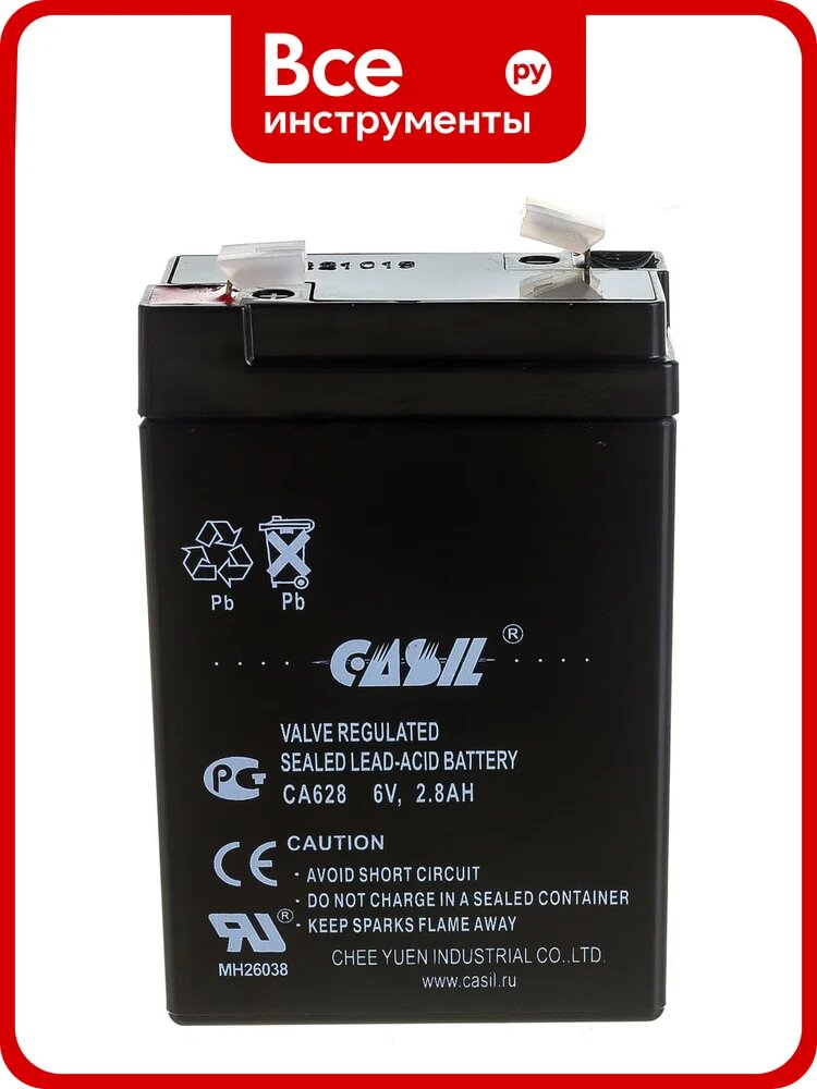Аккумуляторная батарея CASIL CA628, 6В, 2,8Ач, свинец (сухой элемент, AGM), черный