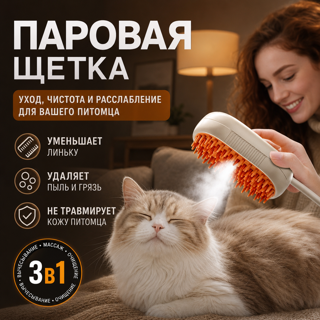 Щетка для купания и груминга питомцев, снижает линьку, массажный эффект, паровой уход