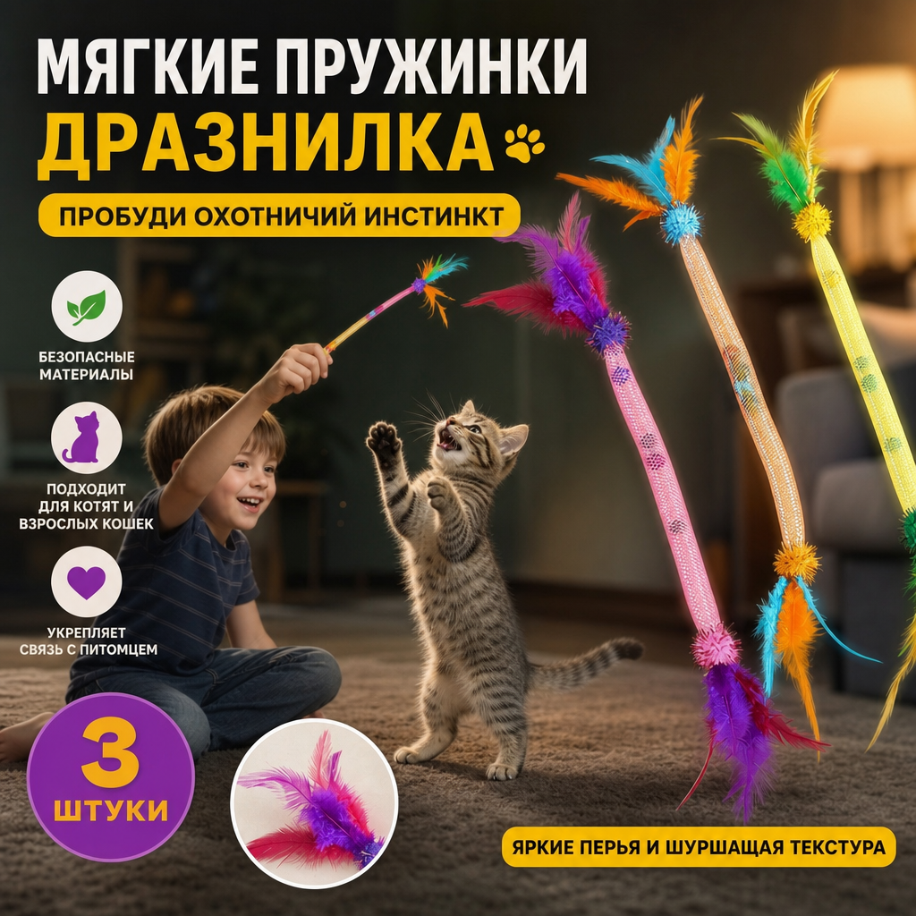Интерактивная удочка-дразнилка для кошек, кошачья мята, звонкий колокольчик, набор 3 шт.