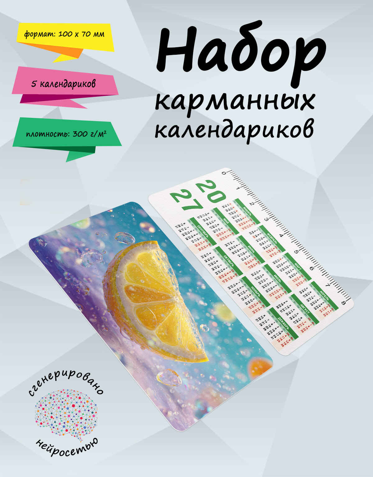 Комплект пластиковых карманных календарей с линейкой "Фрукты"