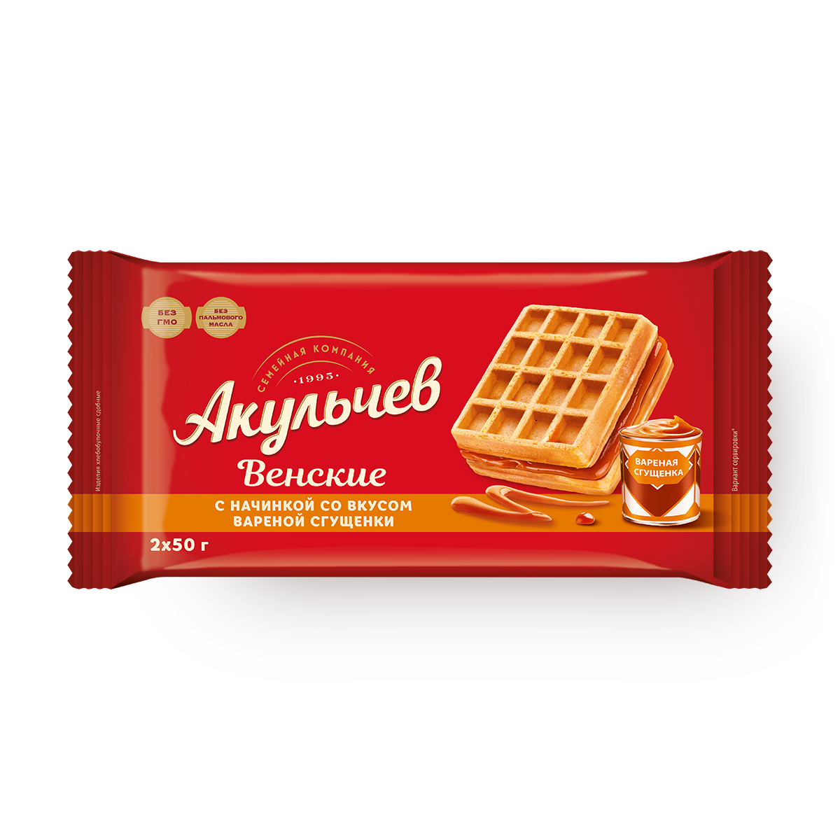 Вафли Акульчев "Венские", с варёной сгущенкой, в упаковке 100г