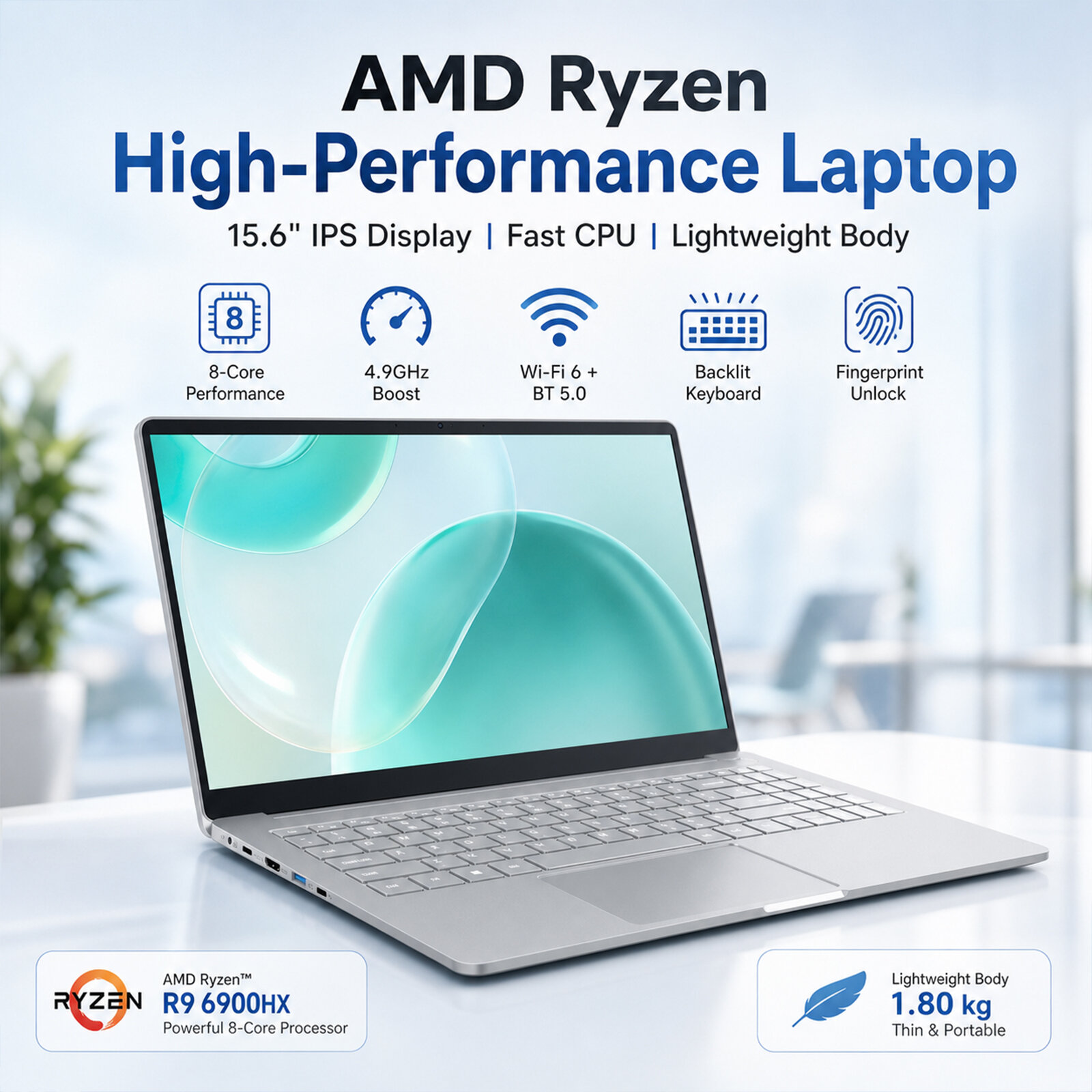 Ноутбук 15.6" AMD Ryzen 9 6900HX Radeon 680M, DDR5, SSD, сканер отпечатков, подсветка, Win11