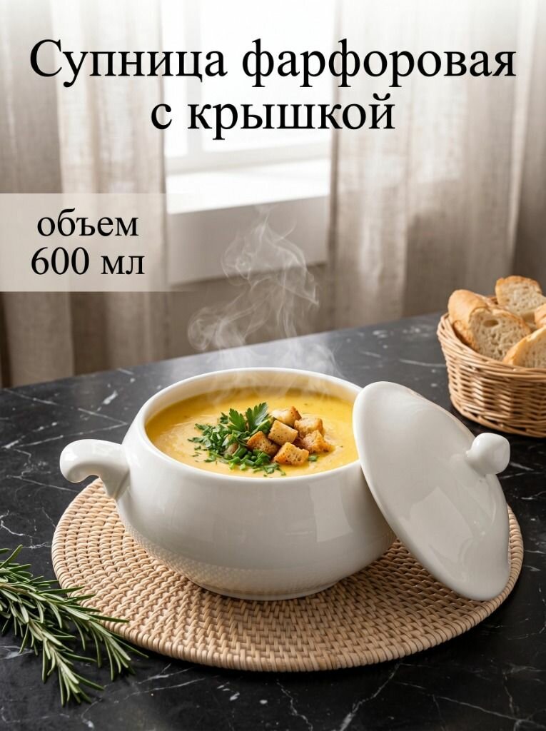 Супница с ручками, объем 600 мл, с крышкой, Magistro "Бланш", фарфоровая для подачи супа для сервировки стола столовая посуда