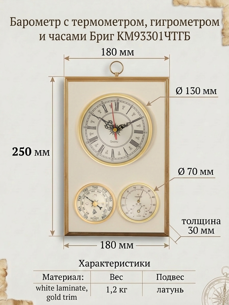 Погодная станция Бриг КМ93301-Ч(ТГ)Б-ЭП. Механическая бытовая метеостанция . Настенная , черная. Барометр анероид, термометр, гигрометр, часы.