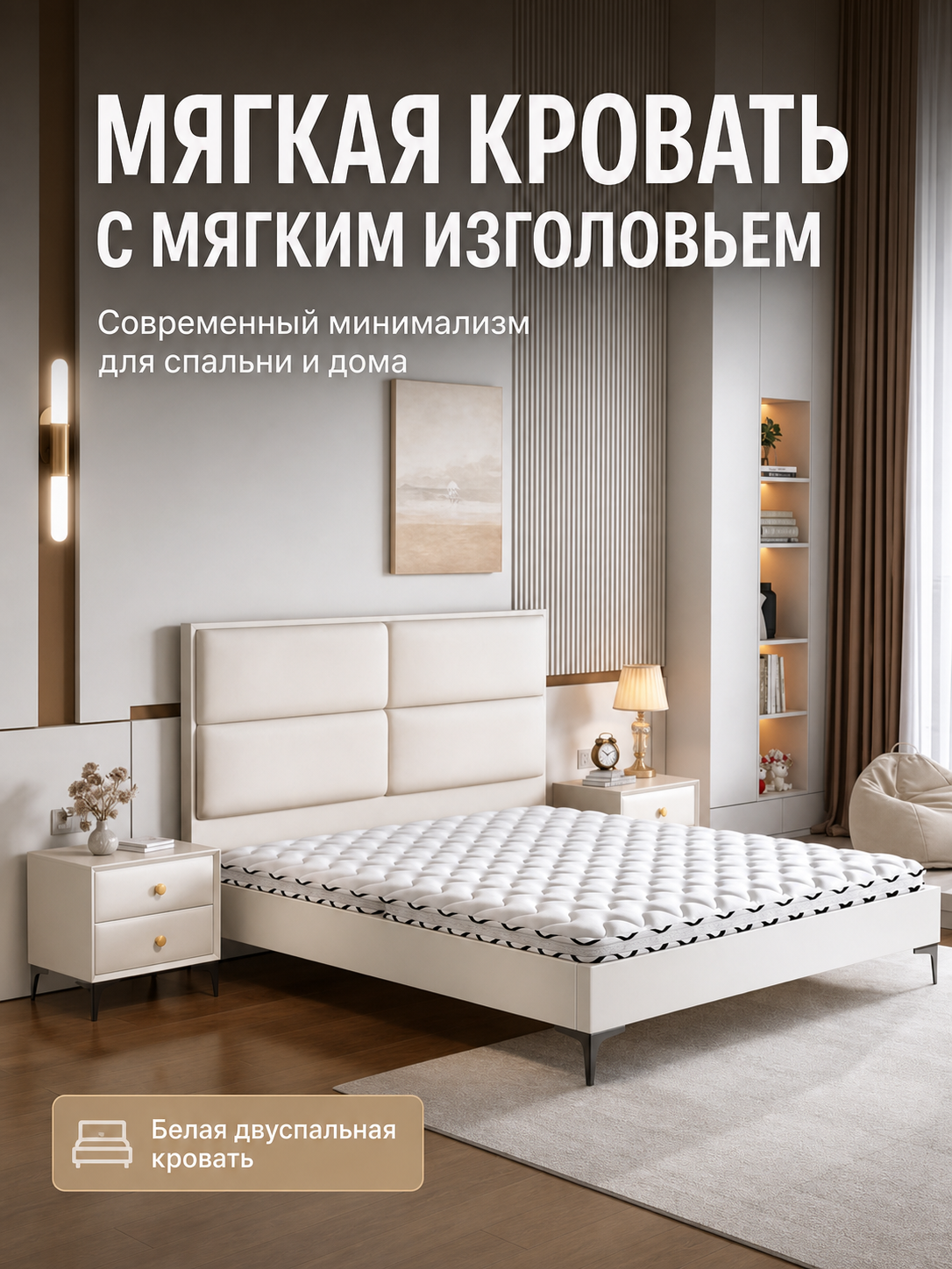Современная простая кровать с деревянным основанием и мягким изголовьем