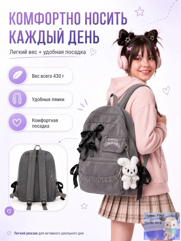 KAIPAKI Рюкзак школьный для девочек подростковый Y2K серый микровельвет средний 20-30 л. — фото 1