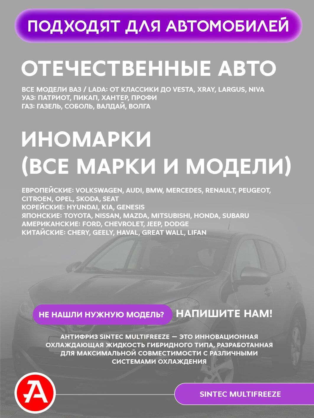 Антифриз Sintec Multifreeze фиолетовый охлаждающая жидкость для автомобиля, 5л