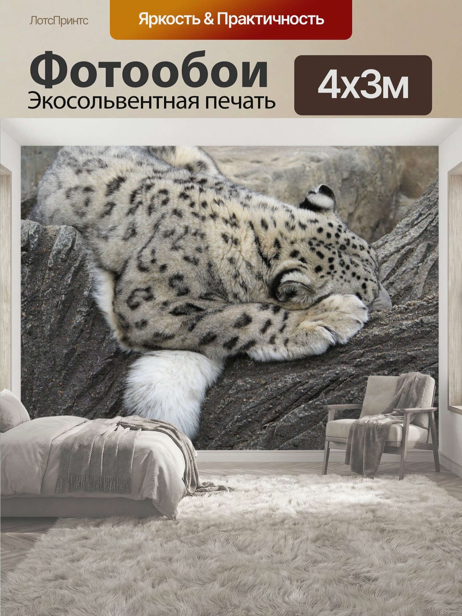 Фотообои "Спящий Snow Leopard Снежный барс спит на дереве в своем зоопарке корпус снежный барс большая кошка спит дерево зоопарк кошачий." 400x300 см. экосольвентная печать