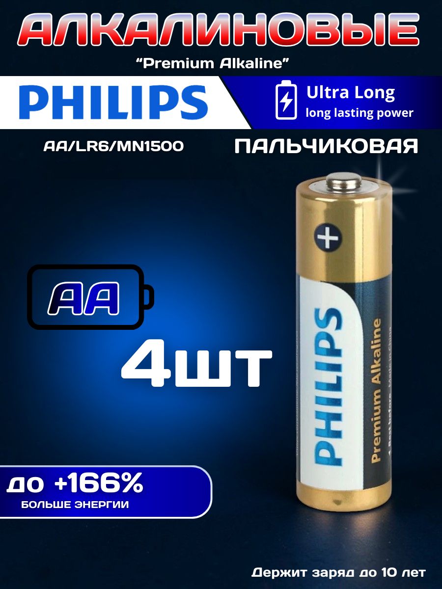 Батарейки Philips алкалиновые/ "пальчиковые"/Premium Alkaline/ АА (LR6)/ блистер 4 шт.