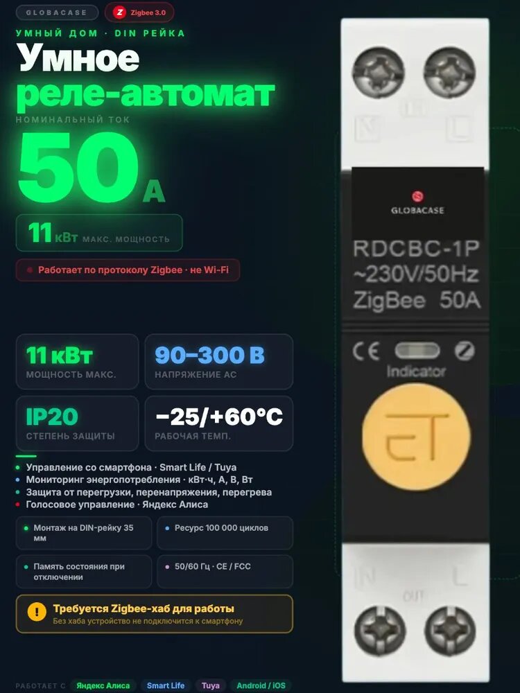Умное реле-автомат Zigbee - программируемый выключатель 50 A