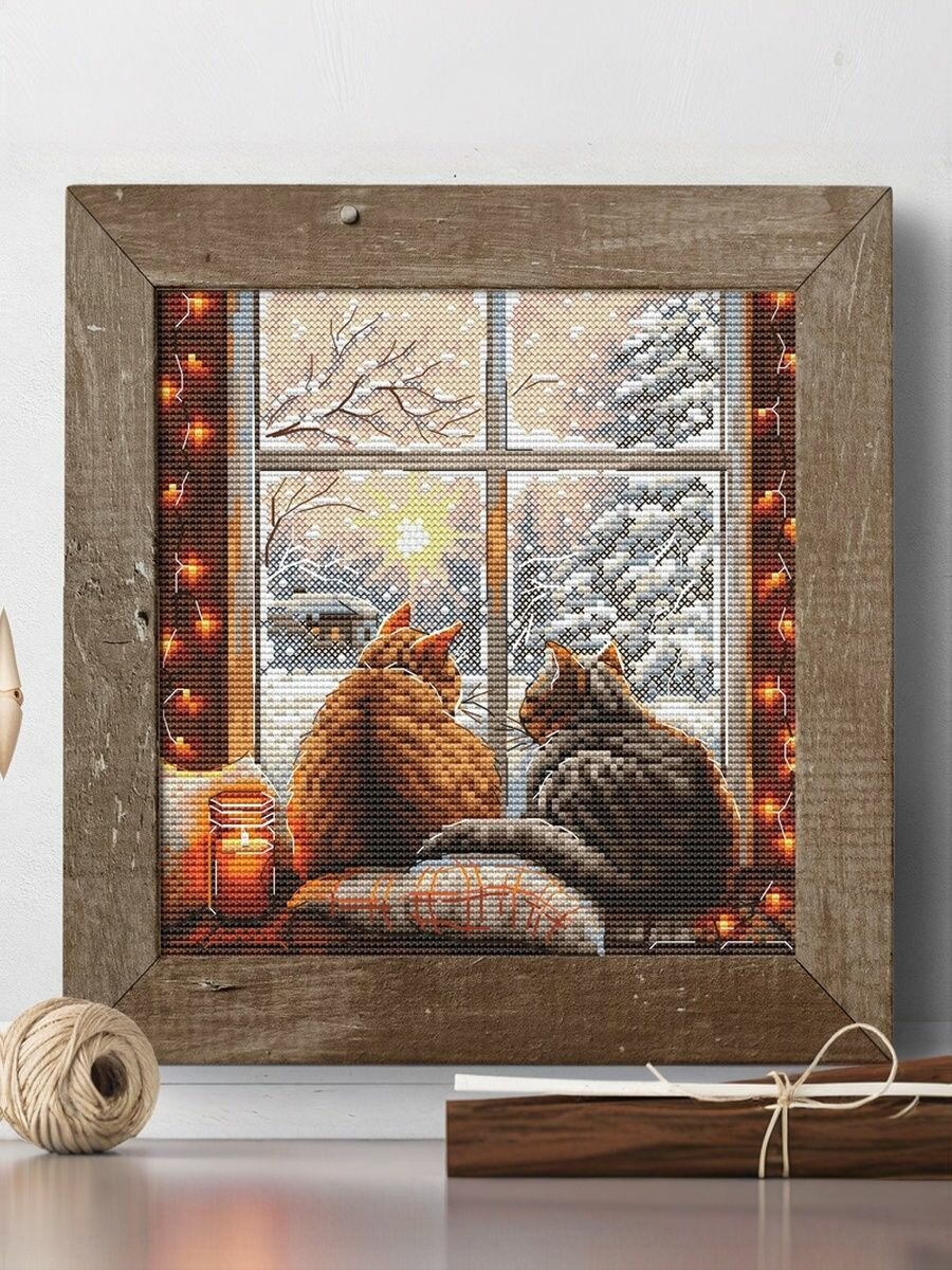 Набор для вышивки Amishop "Кошка на подоконнике", 18 CT, белая, 14x14 см, 99 x 99 стежков, 25 цветов