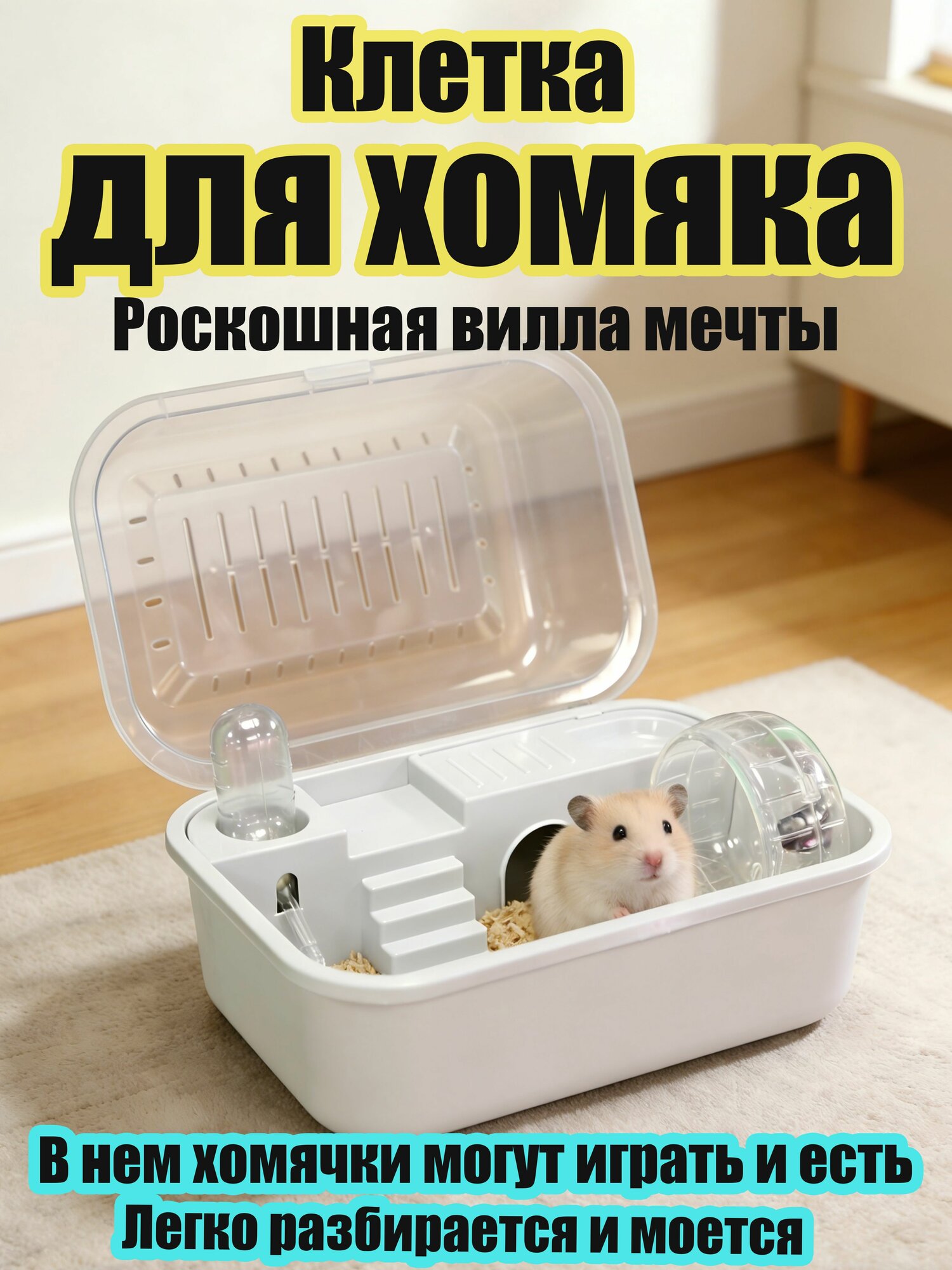 Удобная и интересная клетка для хомяка серого цвета