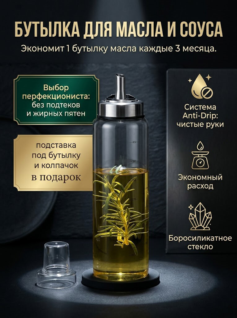 Бутылка для масла ZALUCHE, с дозатором, стекло, 500мл, прозрачная