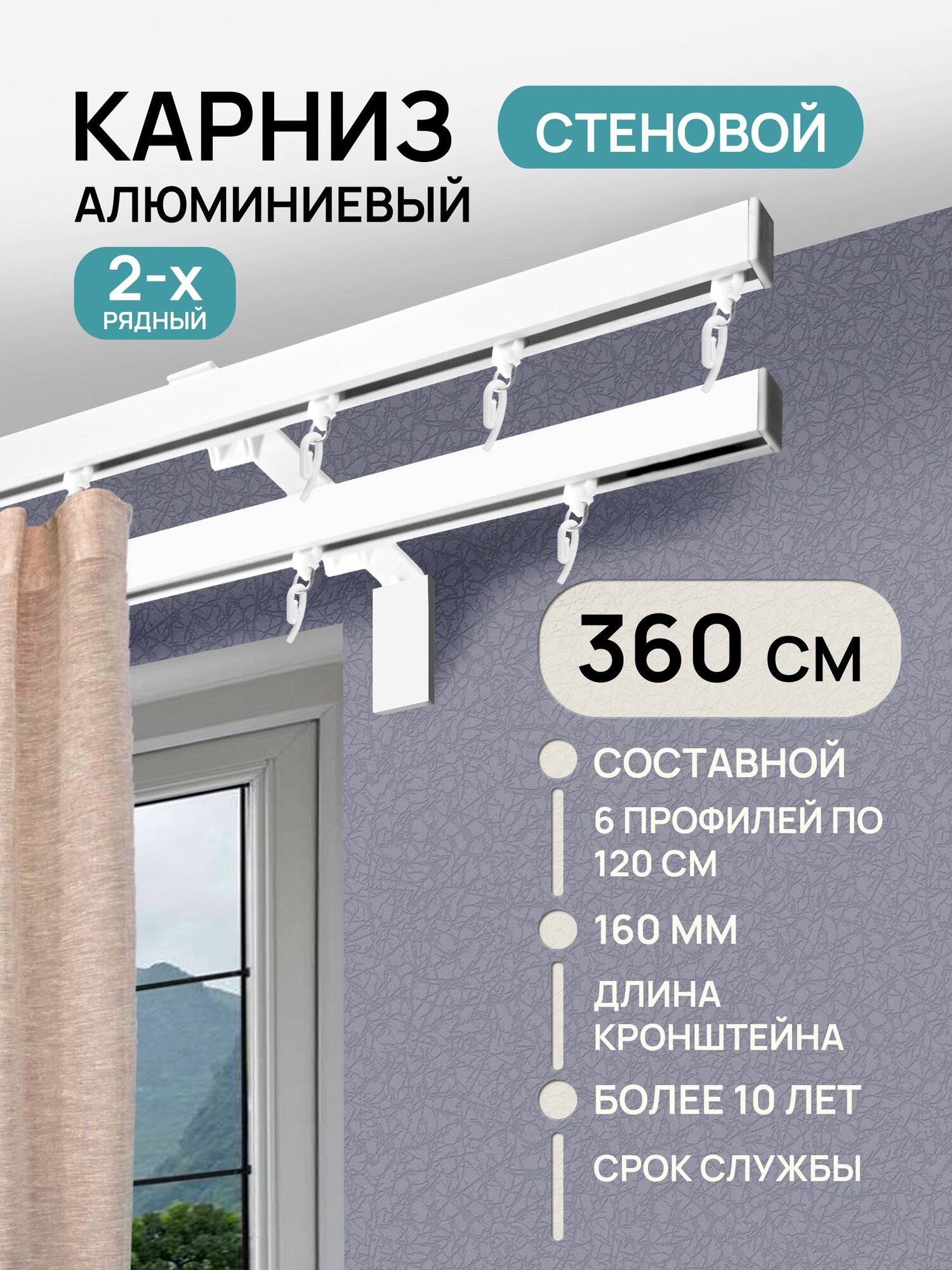 Карниз алюминиевый 2 рядный с заглушкой