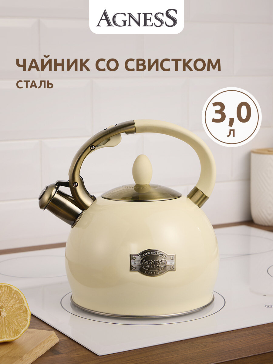 Чайник со свистком для газовой плиты эмалированный Agness 3 л с толстым дном, индукционный