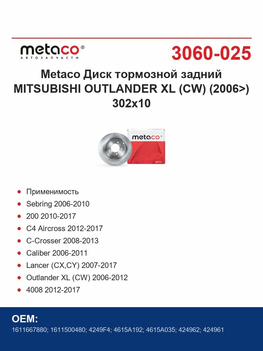 Metaco Диск тормозной задний MITSUBISHI OUTLANDER XL (CW) (2006>) 302x10