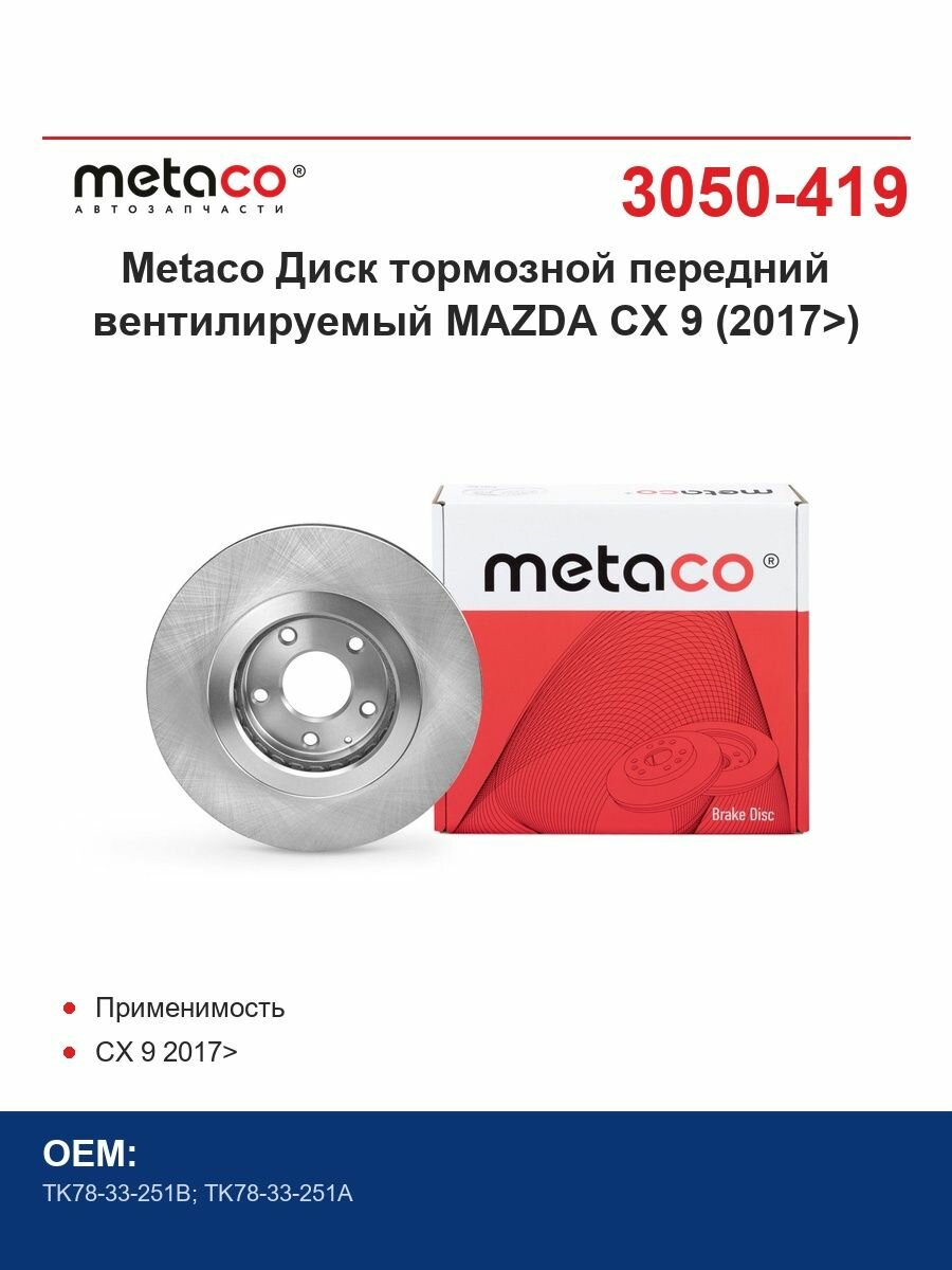 Metaco Диск тормозной передний вентилируемый MAZDA CX 9 (2017>)