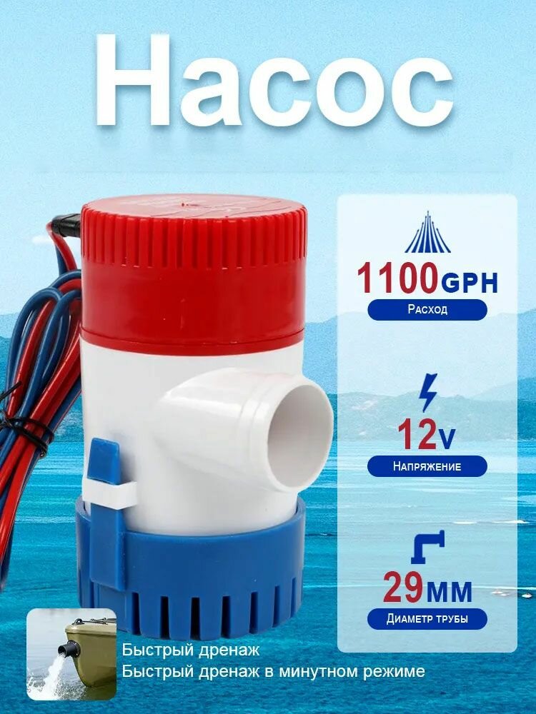 Помпа трюмная, трюмная помпа, насос для лодки, насос для воды 12v, катеров и судов,70 л/мин, прост в использовании для откачки и слива воды со дна лодки
