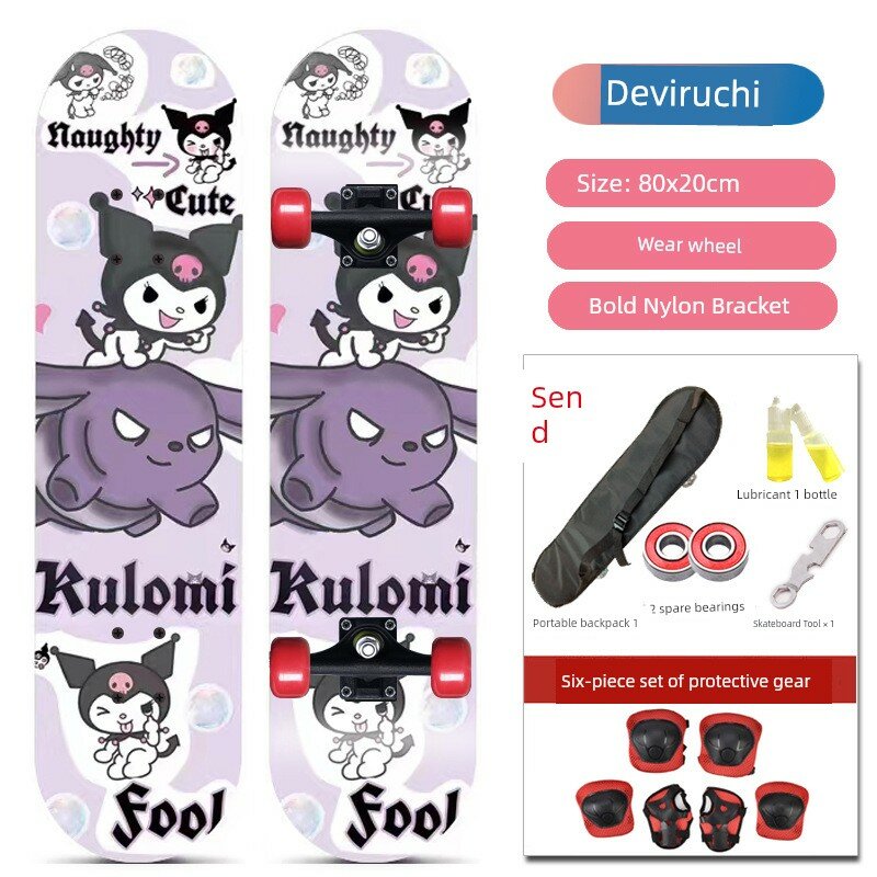 Скейтборд Kuromi для детей с 80 мм износостойкими колесами, полный комплект для детей 6-12 лет