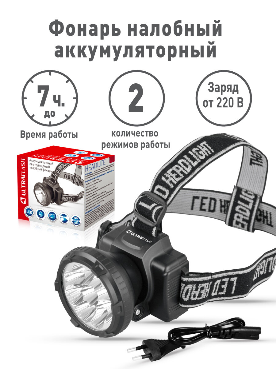 Фонарик налобный на батарейках фонарь светодиодный кемпинговый / Ultraflash / 2 режима, 3 x AA