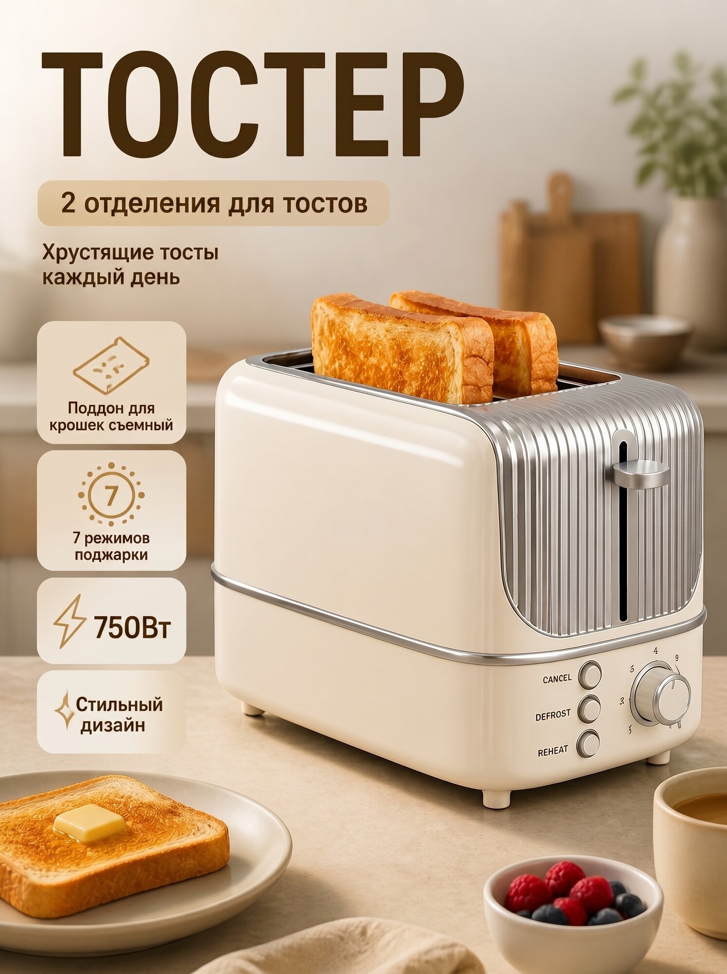 Тостер для хлеба с поддоном для крошек JIQI, 7 степеней обжарки, с функцией разморозки, на 2 тоста