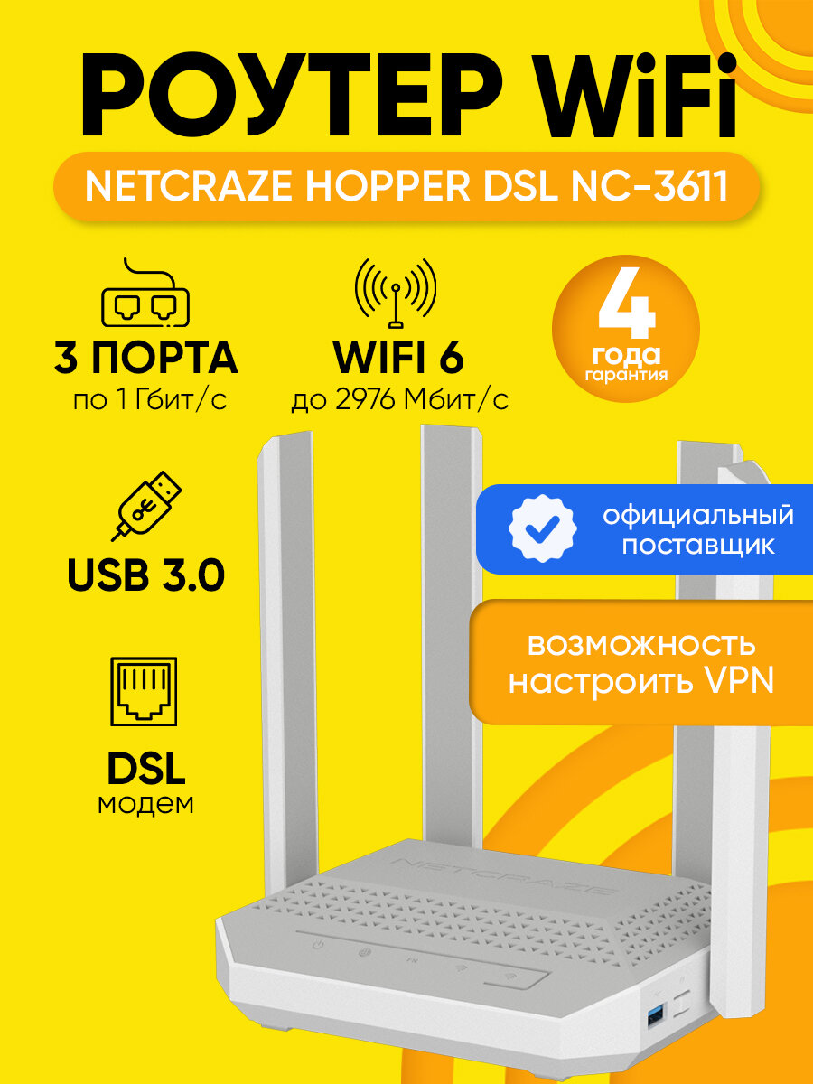 Роутер Wi-Fi Netcraze Hopper DSL NC-3611 до 2402 Мбит/с AX3000 Wi-Fi 6 с DSL-модемом ADSL2+/VDSL2, USB 3.0 для 4G LTE модемов, Mesh-роутер