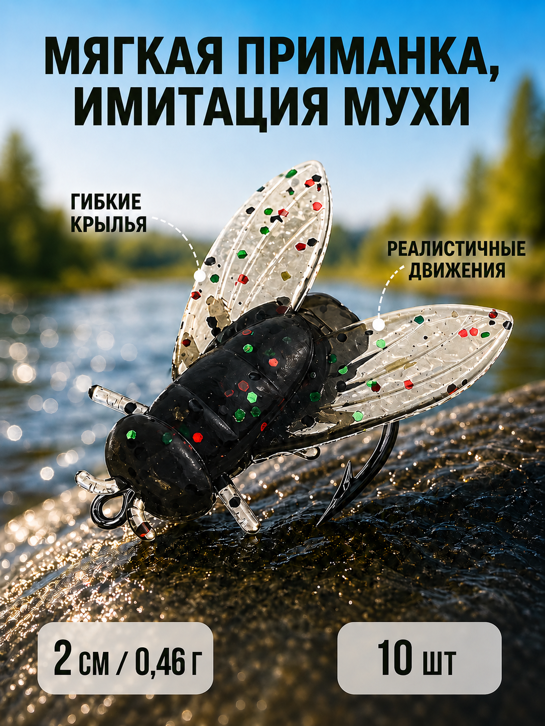 Рыболовная реалистичная, мягкая приманка Micro Bait Fly, имитация мухи, для белого карася и мандаринки 2 см/0,46 г, 10 шт, черная