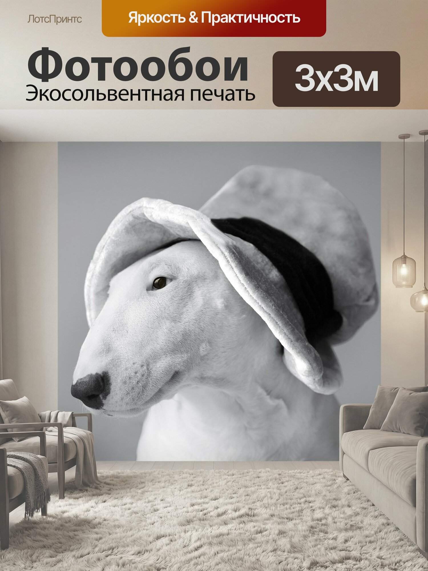 Фотообои "Английский бультерьер, белый, собака" 300x300 см. экосольвентная печать