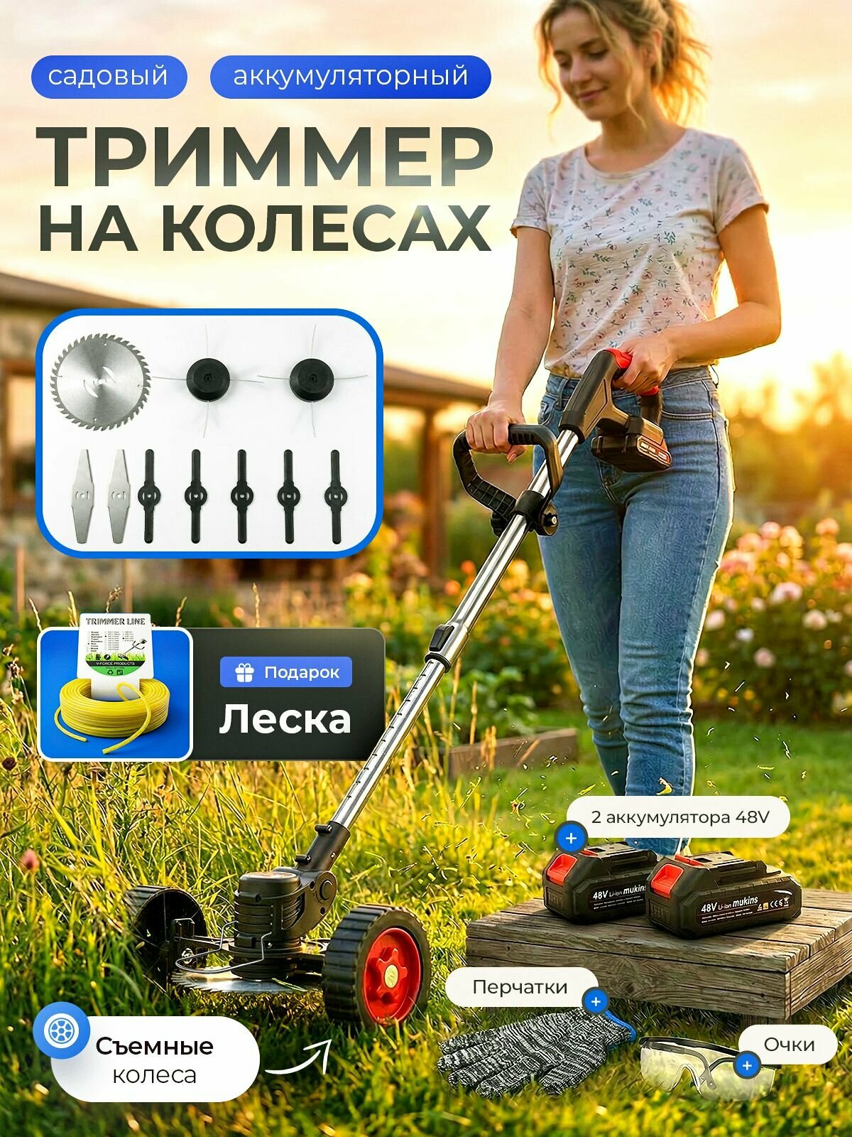 Триммер аккумуляторный садовый на колесах, мощный