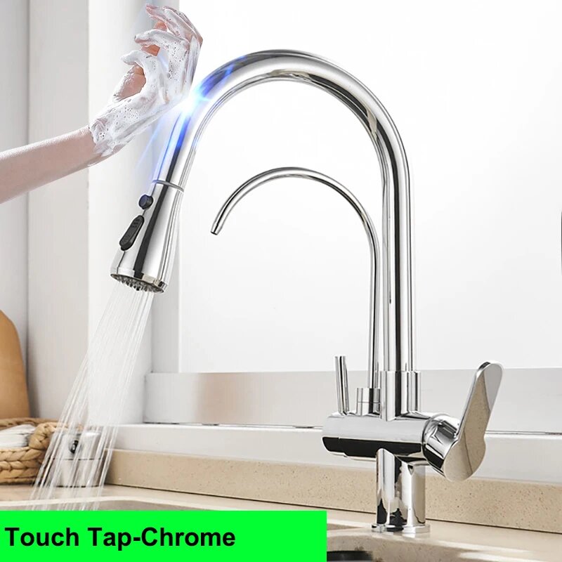 Кухонные смесители с фильтром Touch on 3 способа Горячая и холодная вода Выдвижной смеситель для кухонного раковина Кран для питьевой воды Сенсорный тач-кухонный кран