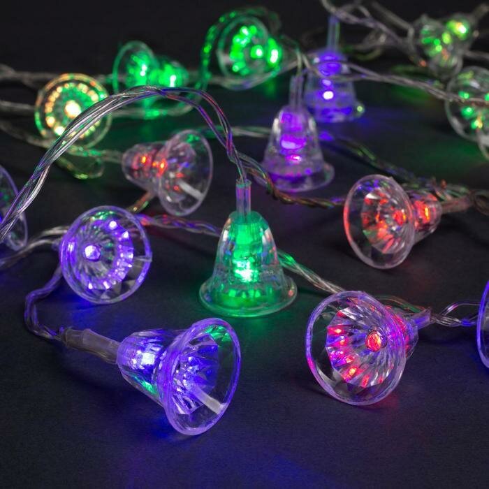 Гирлянда "Нить" 5 м с насадками "Колокольчики", IP20, прозрачная нить, 20 LED, свечение мульти, мигание, 220 В