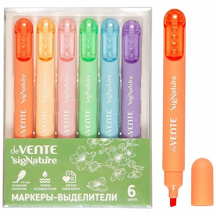 Набор маркеров-выделителей deVENTE SigNature, 6 цветов, плоский корпус c клипом, скошенный наконечник 5045512