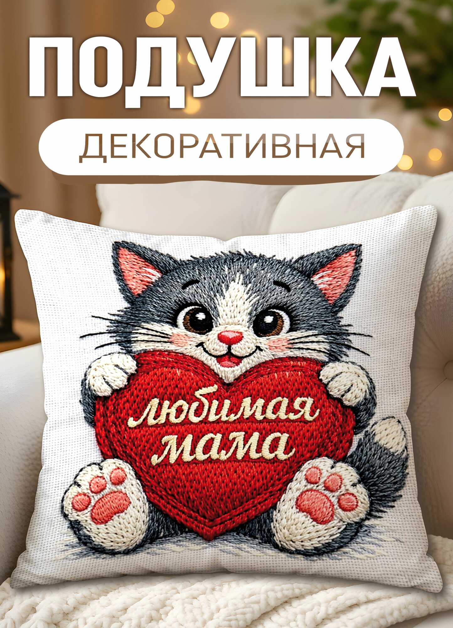 Подушка декоративная Котик с сердечком лучшая Мама