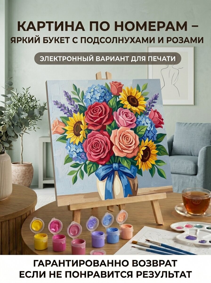 Картина по номерам "Яркии букет с подсолнухами и розами", на холсте, PDF-инструкция