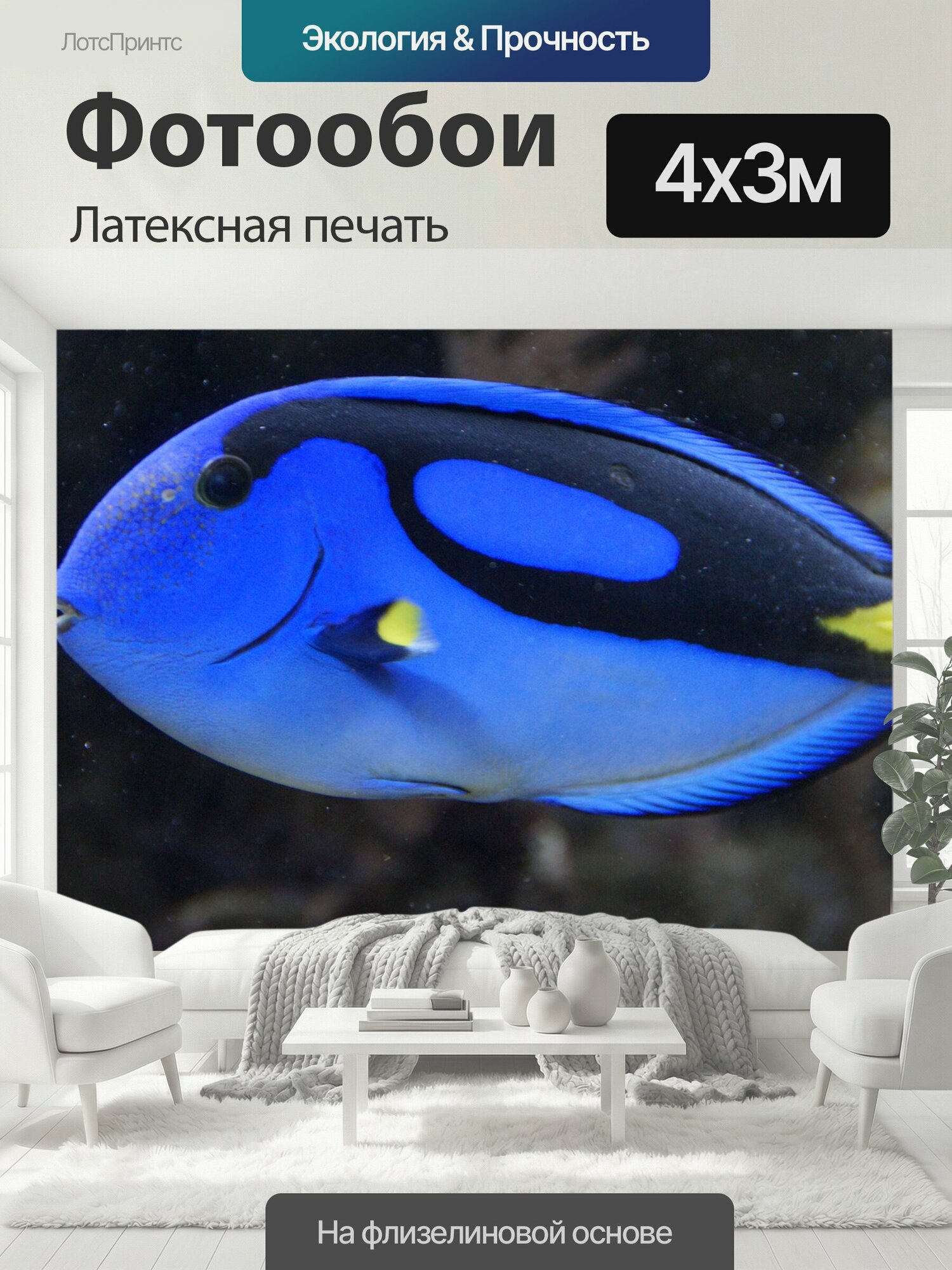 Фотообои моющиеся ударопрочные "Рыбы, доктор рыба, синий" 400x300 см. латексная печать