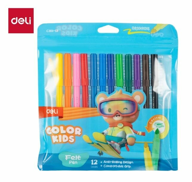 Фломастеры 12 цветов Deli Color Kids, вентилируемый колпачок, пакет на зип локе