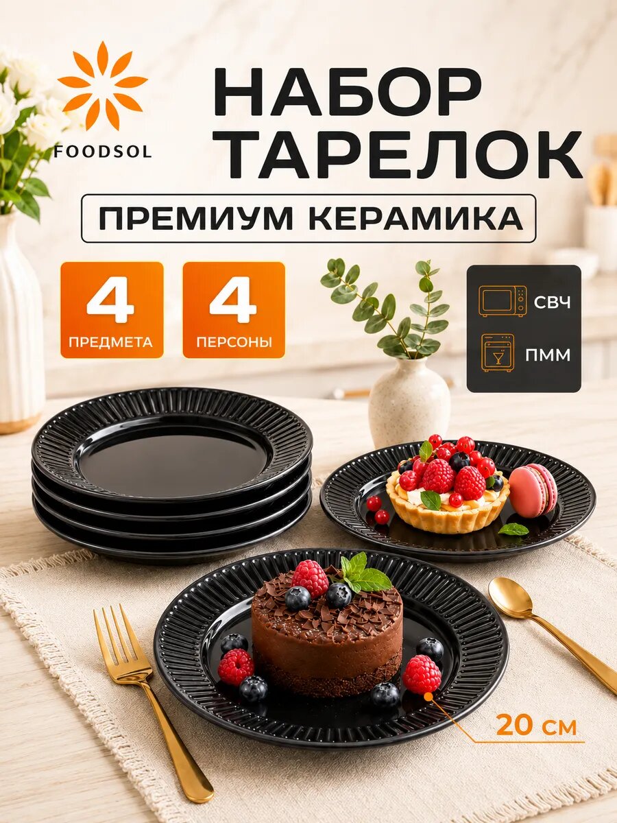 Тарелки керамические 20 см набор 4 штуки ребристый край