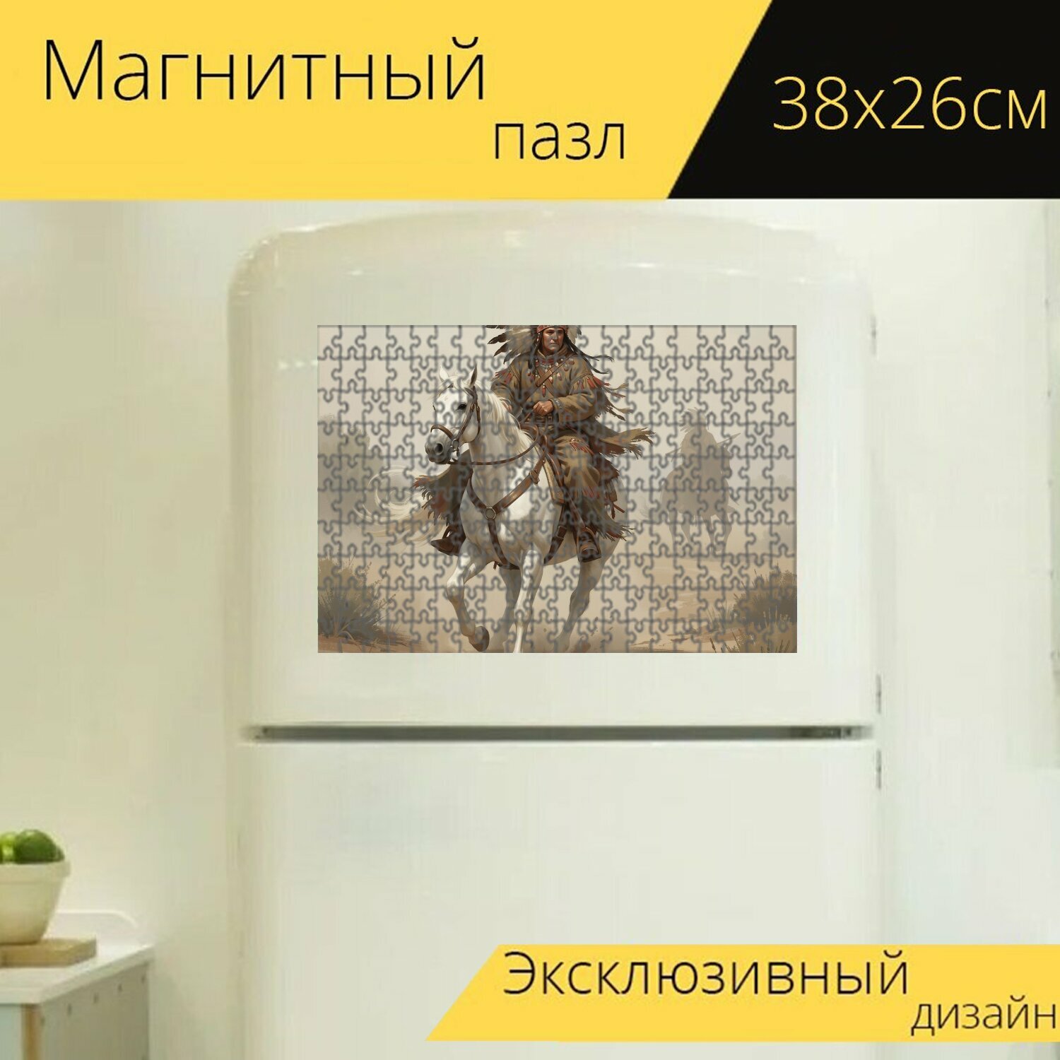 Магнитный пазл "Индейский воин на скакуне. Живописная сцена с гордым всадником в перьевой короне, мчащимся по пыльной степи на белой лошади; мягкие бежевые." для интерьера, 38х26 см.