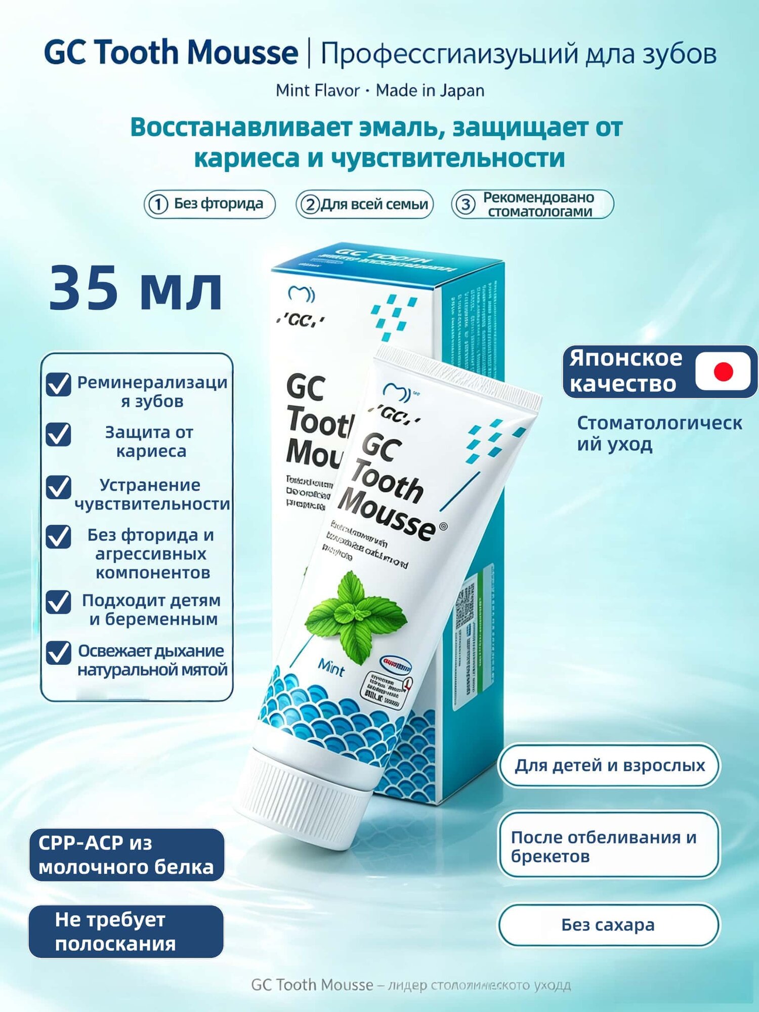 Реминерализующий мусс GC Tooth Mousse, мятный вкус, уход за чувствительными зубами, без фторида