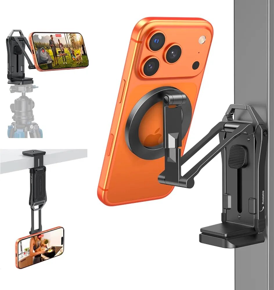 Магнитный держатель для телефона OMOTON TP02-Pro оснащен винтами 1/4 дюйма, системой быстрого снятия Arca и мощными задними магнитами, и совместим с сериями iPhone 12-17.