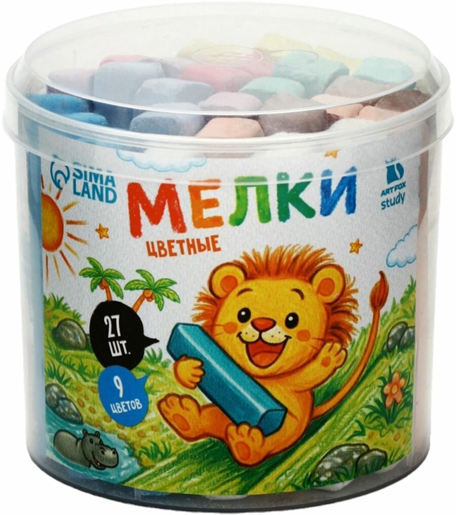 Цветные мелки в ведёрке для рисования на асфальте, прямоугольный мел для детского творчества, 9 цветов, набор 27 шт.