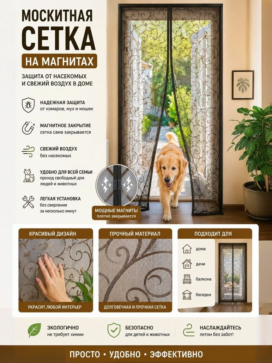 Усиленная москитная сетка на дверь на магнитах, 100х210см.