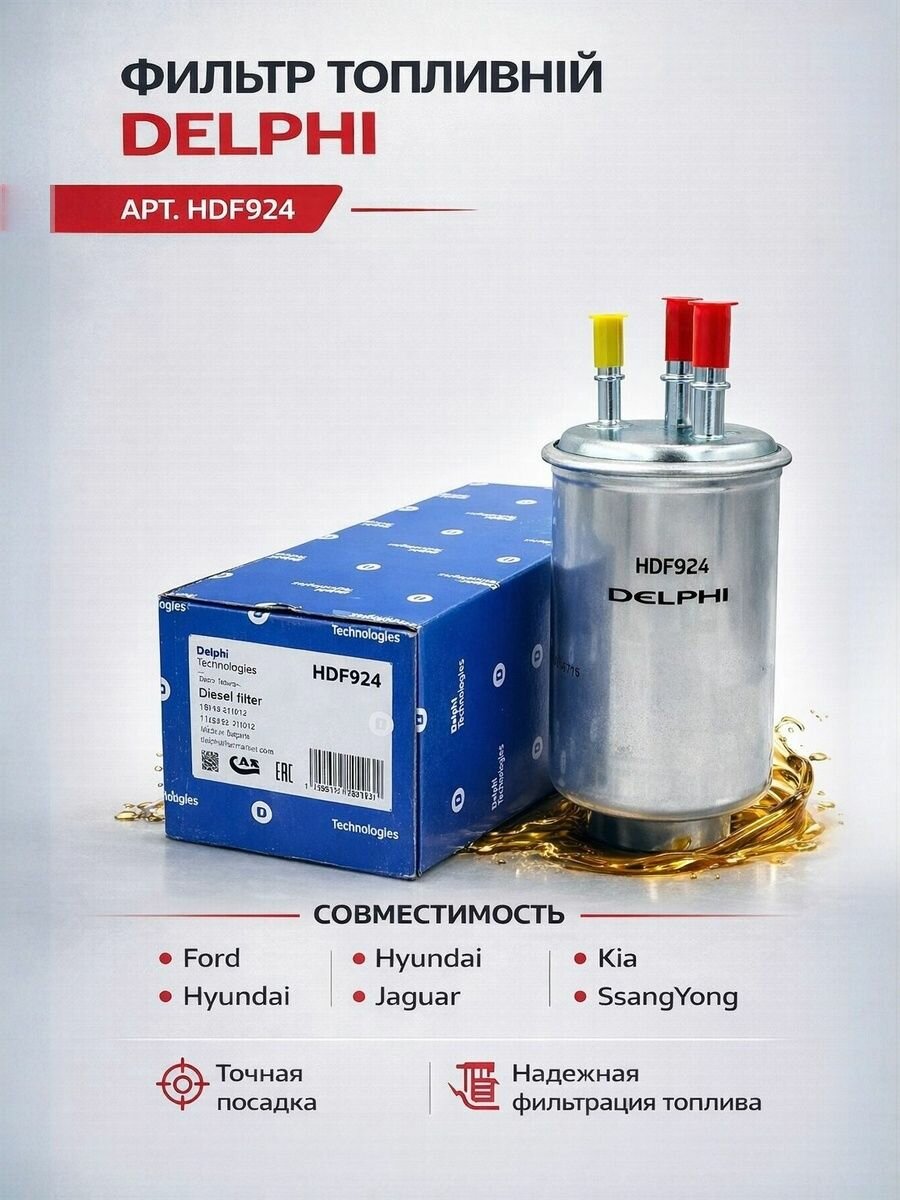Фильтр топливный Delphi HDF924 на SsangYong Kyron Кайрон, ACTYON, REXTON, Форд, Киа, Хендай 2,0L / 2,7L дизель / Делфи 924