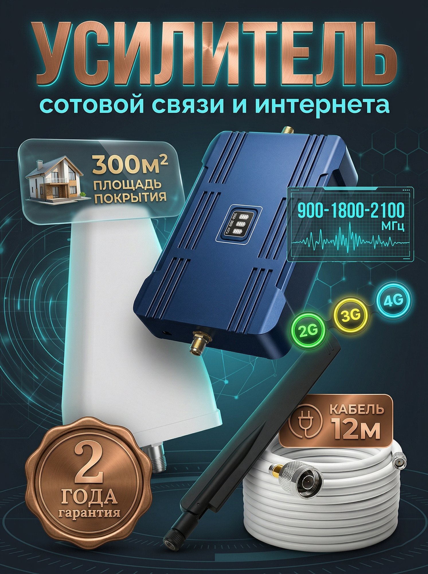 Усилитель сотовой связи 900/1800/2100 МГц (2G/3G/4G): до 70 км, направленный, синий, 1.3 кг